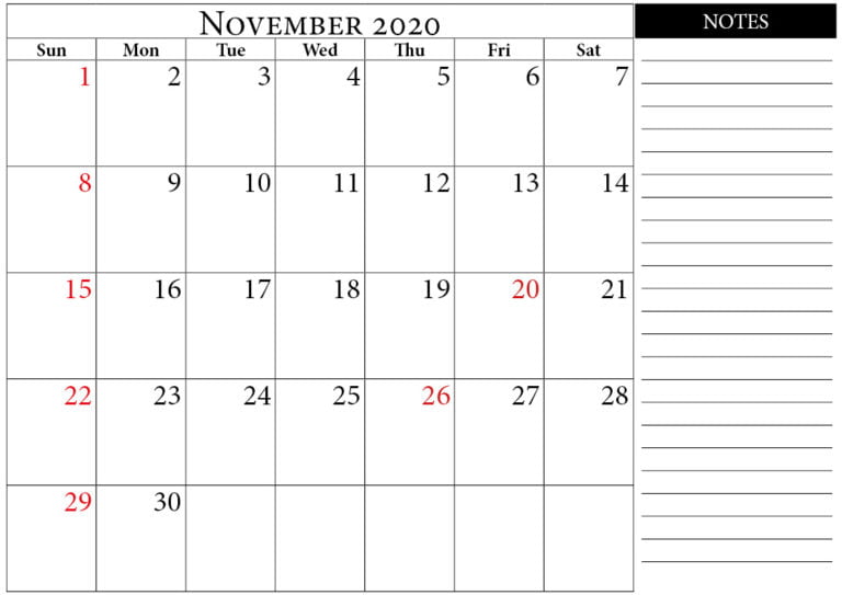 November 2020 Calendar Printable Template With Notes