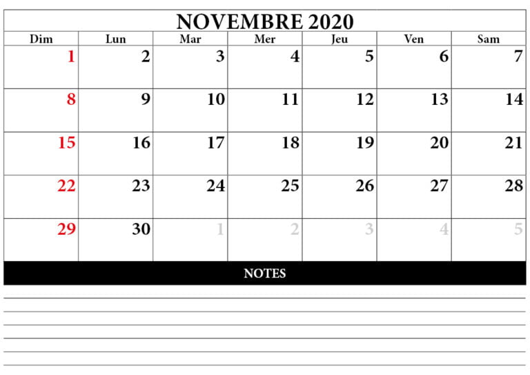 Calendrier Novembre 2020 Imprimable Avec Notes Calendarena