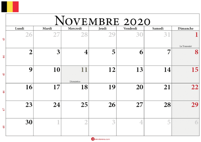 Calendrier Novembre 2020 Imprimable Avec Notes Calendarena
