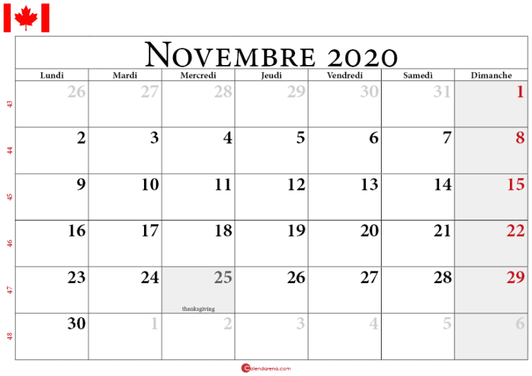 Calendrier Novembre 2020 Imprimable Avec Notes Calendarena