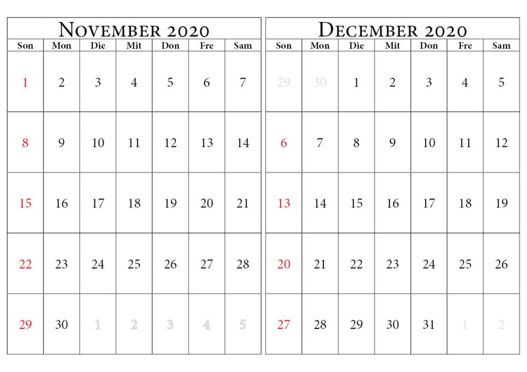 November 2020 Kalender Druckbare Monatliche Vorlage Mit Notizen