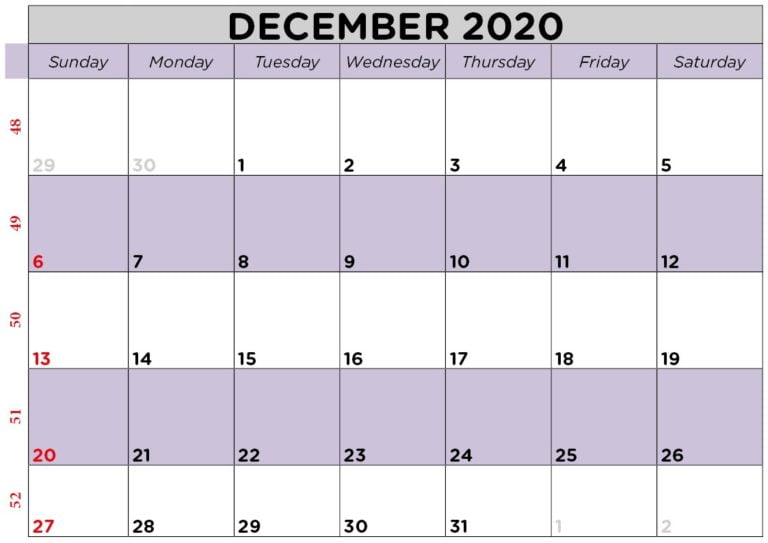 Download Free December 2020 Calendar Printable With Notes