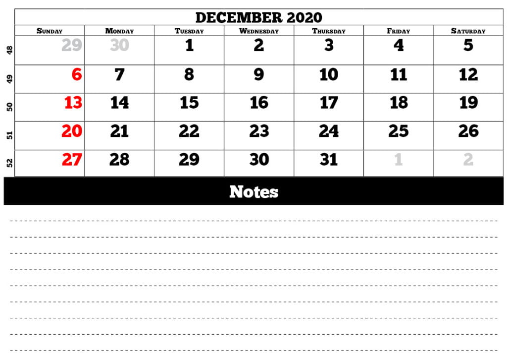 Download Free December 2020 Calendar Printable With Notes