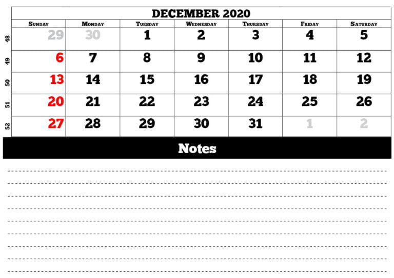 Download Free December 2020 Calendar Printable With Notes