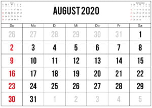 Druckbare Kalendervorlage August 2020