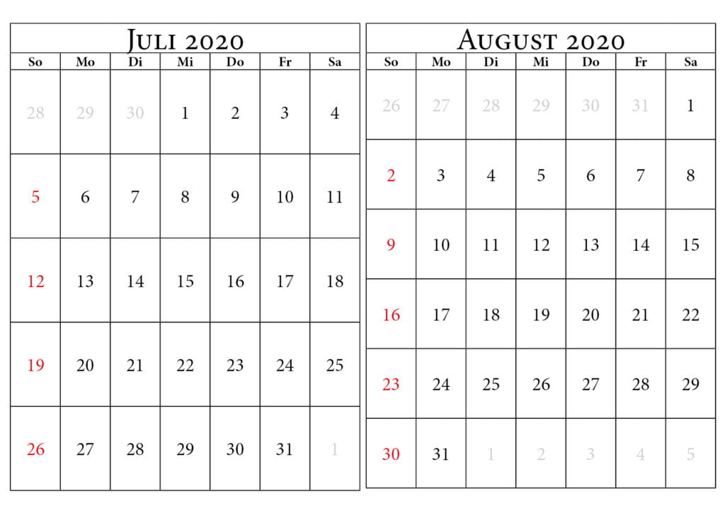 Druckbare Kalendervorlage August 2020