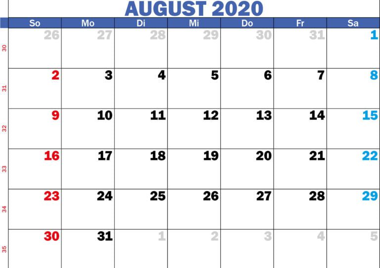 Druckbare Kalendervorlage August 2020