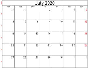 Download Free Blank And Printable July 2020 Calendar