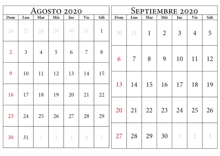 Plantilla De Calendario De Agosto 2020 En Blanco