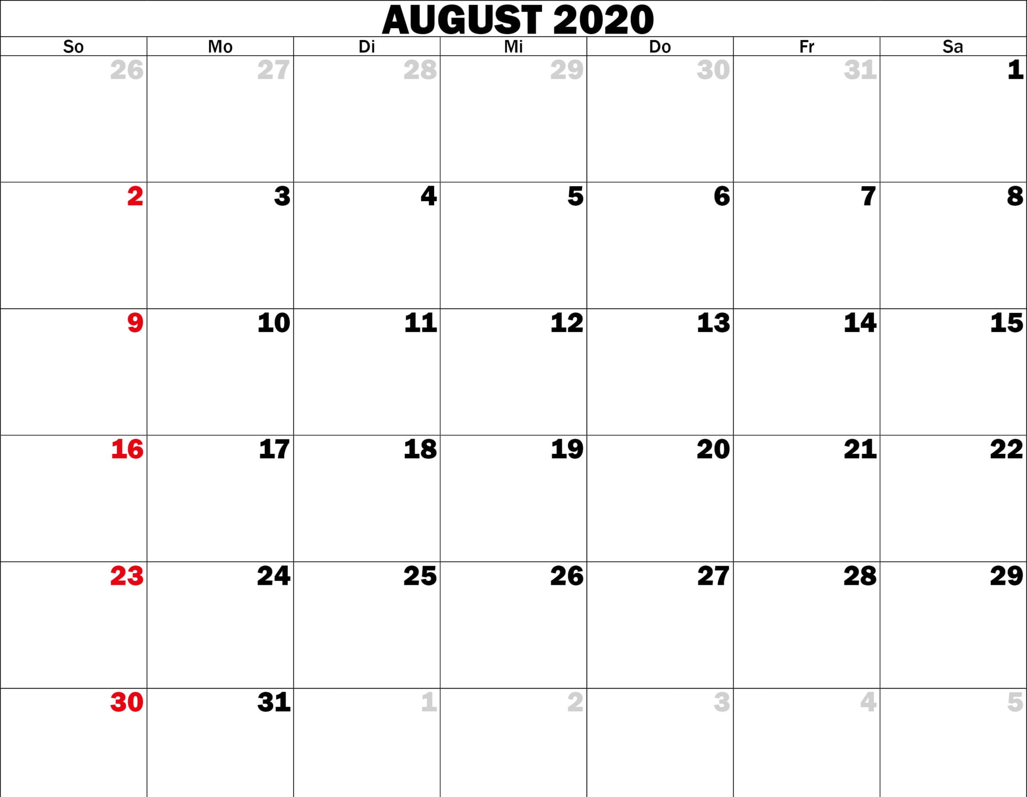 Kostenlose Druckbare Kalender Für August 2020