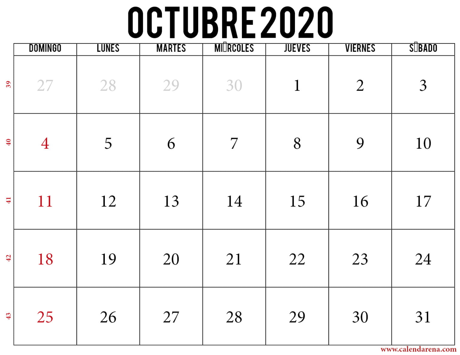Calendario Octubre 2020 Para Imprimir Gratis