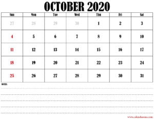 Blank October 2020 Calendar