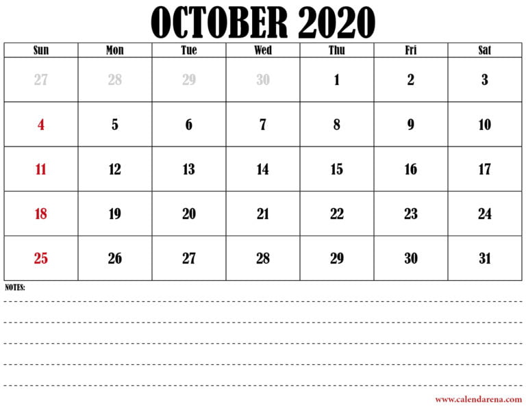Blank October 2020 Calendar