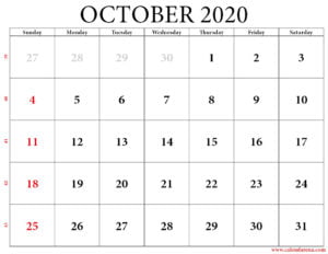 Calendar 2020 October With Weeks