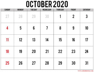 Calendar October 2020 Free