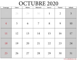 Calendario Mes De Octubre 2020 Descárgalo Gratis