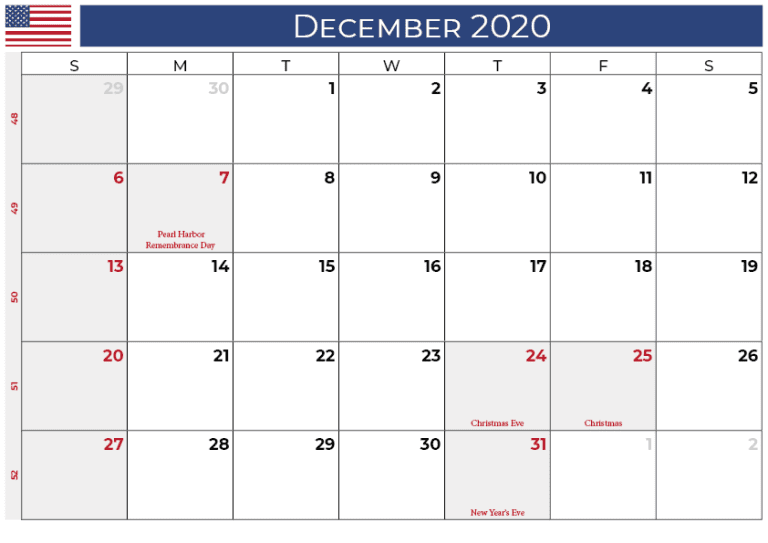 December 2020 Calendar Printable For USA