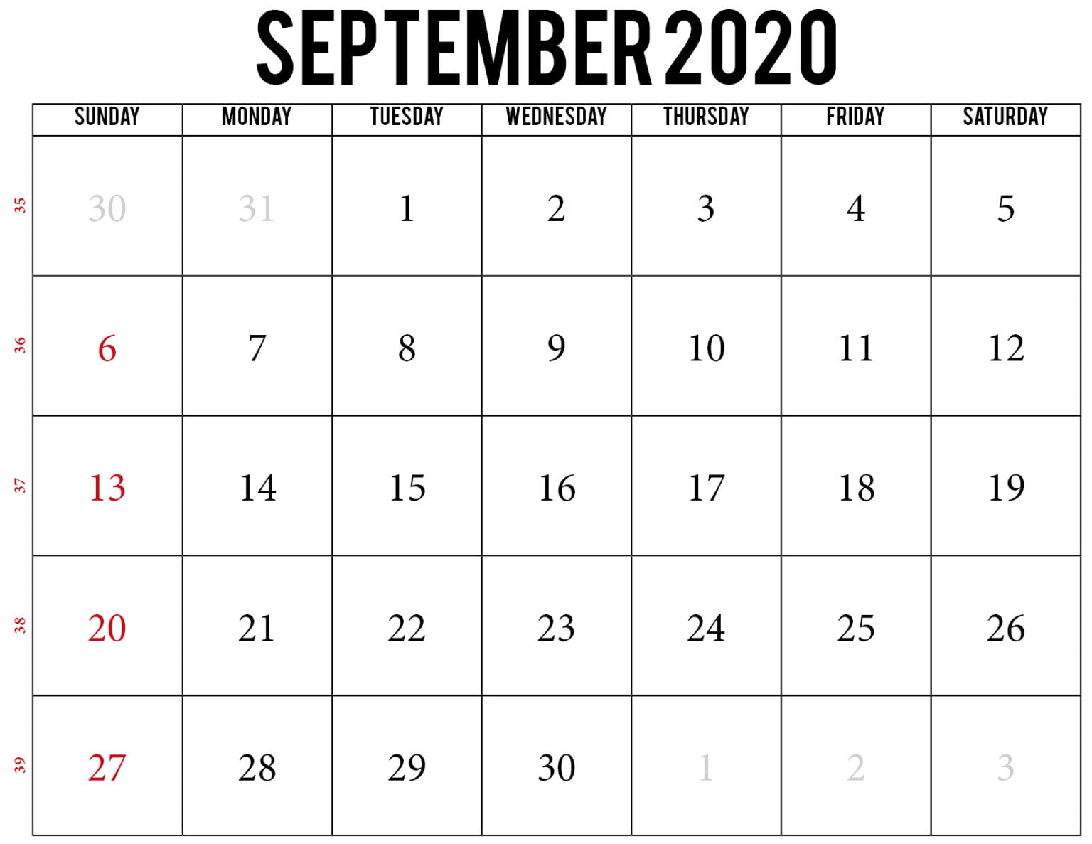 2020 September Calendar