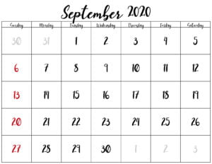 2020 September Calendar Printable