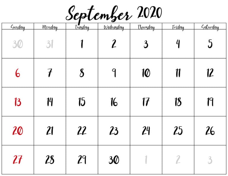 2020 September Calendar Printable
