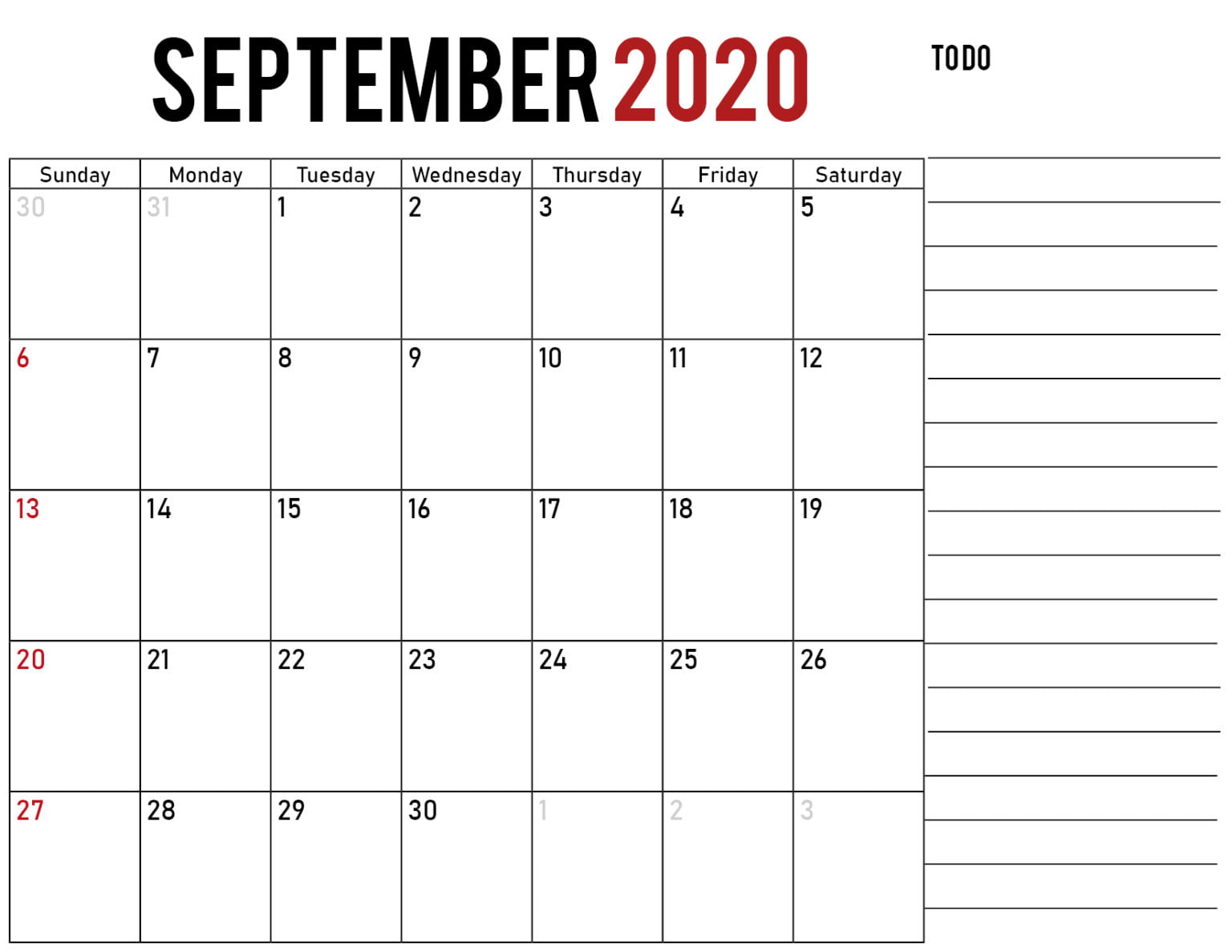 September Calendar 2020 Printable