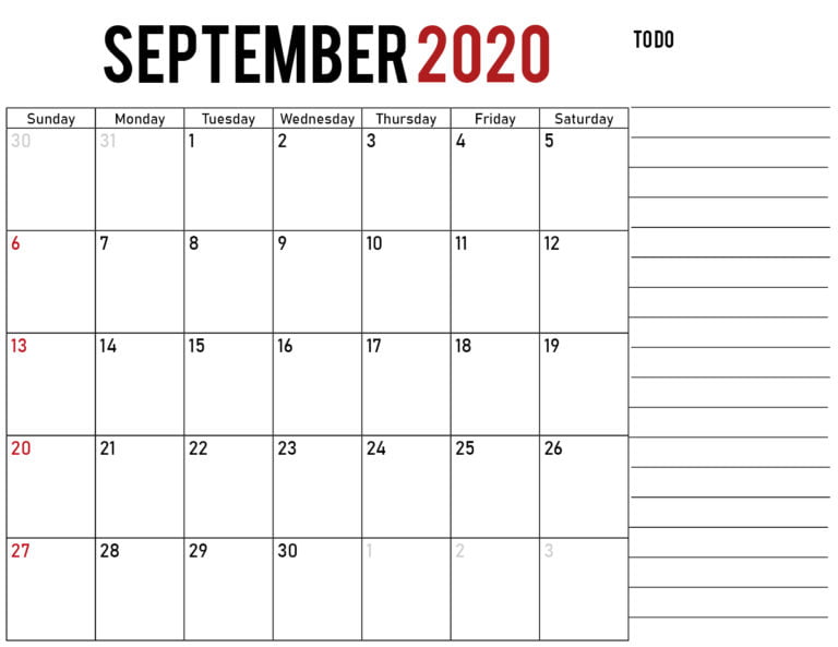 September Calendar 2020 Printable