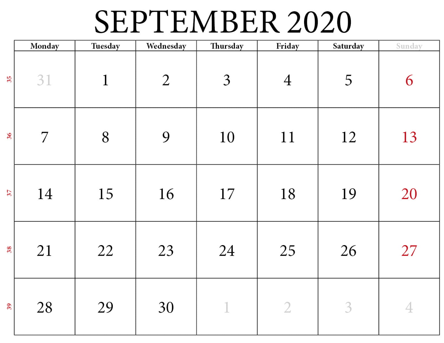 September 2020 Calendar Printable