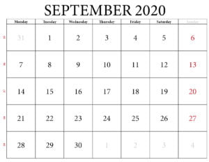 September 2020 Calendar Printable