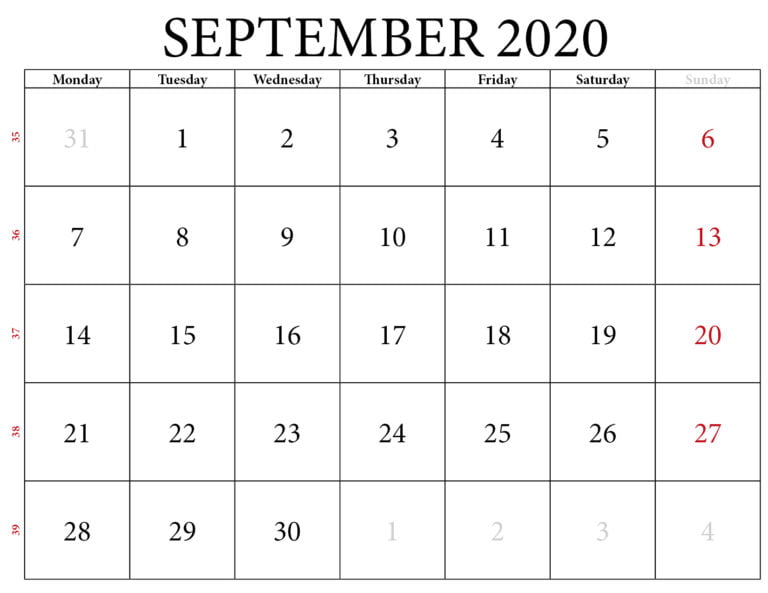 September 2020 Calendar Printable