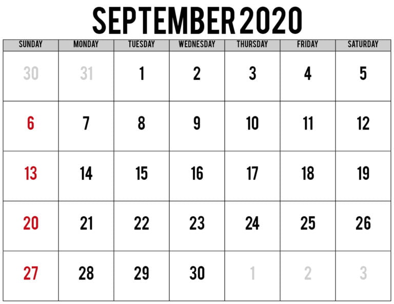 September 2020 Calendar With Holidays