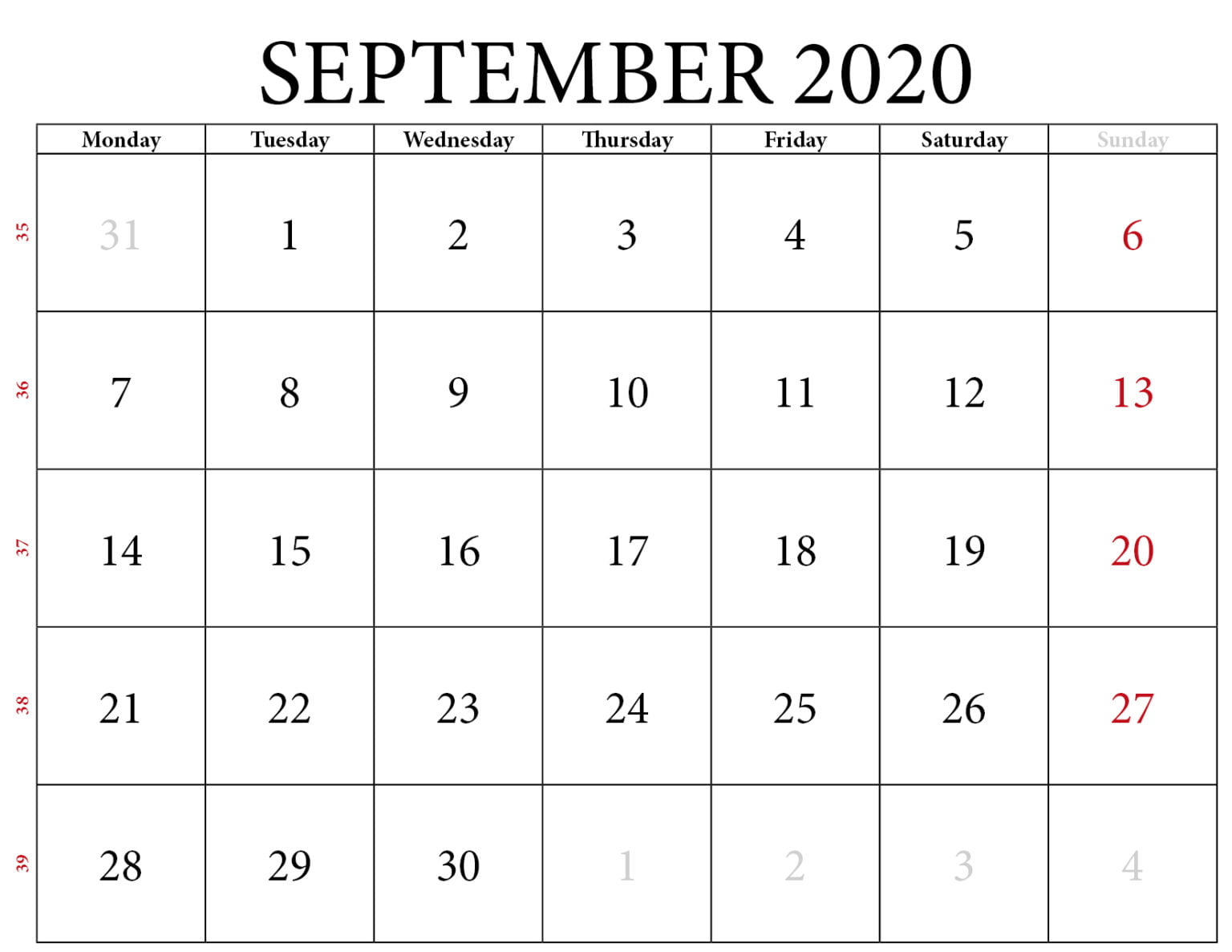 September 2020 Printable Calendar