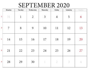 September 2020 Printable Calendar
