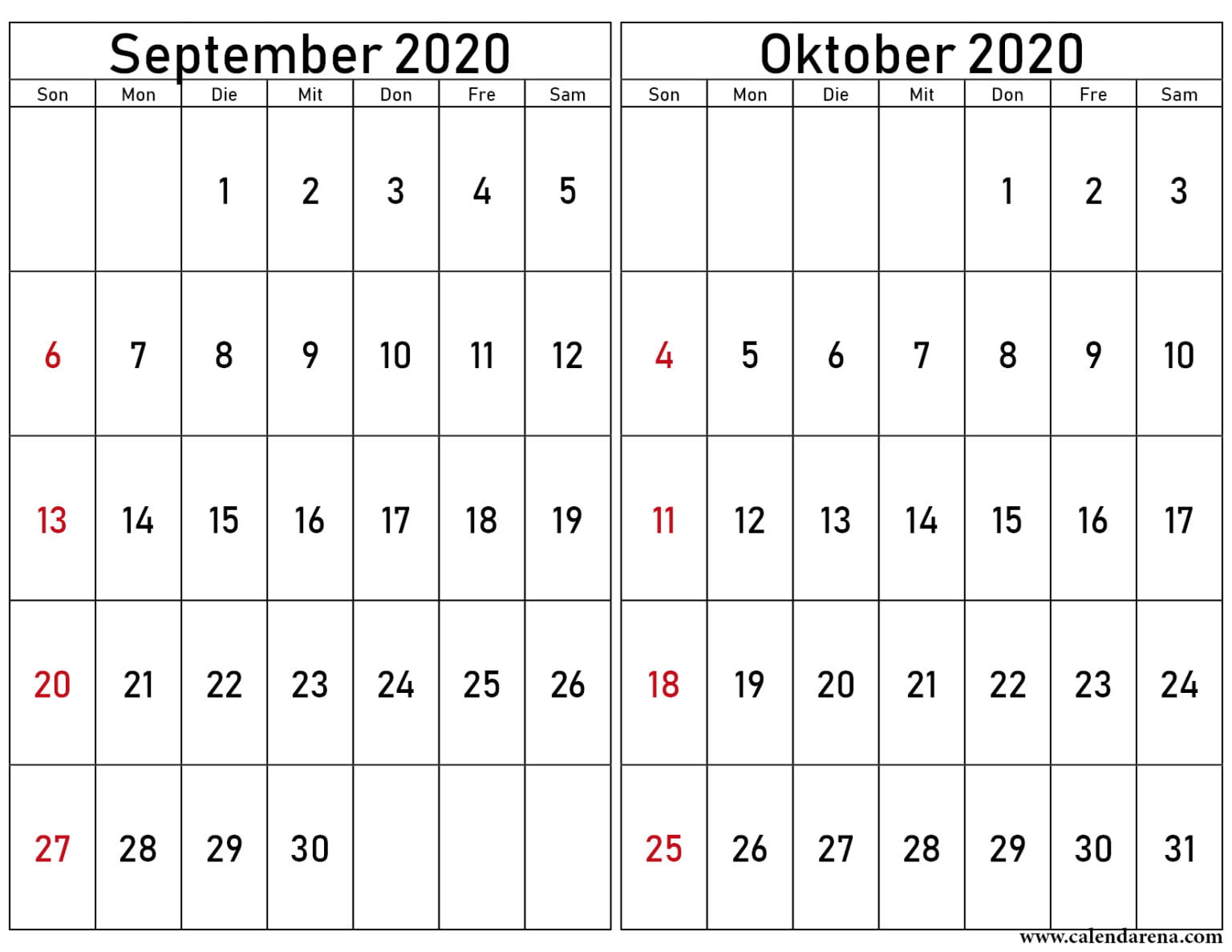 Kalender September Oktober 2020