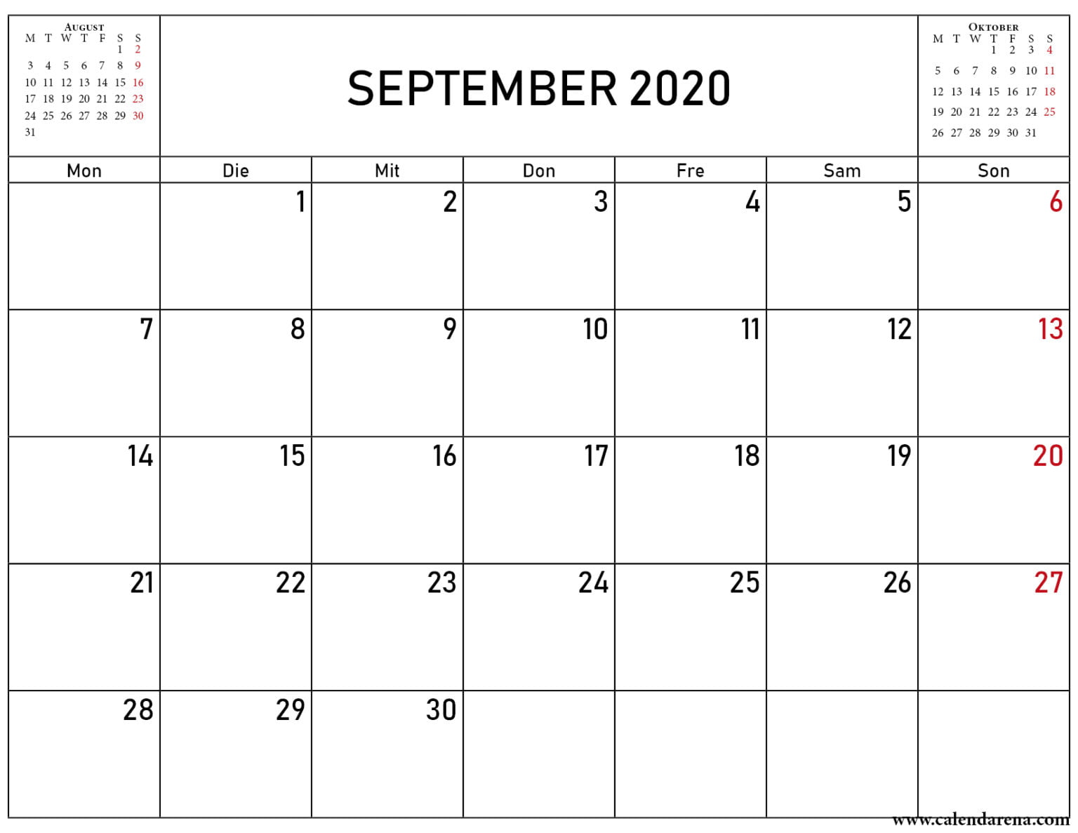 Kalender August September 2020