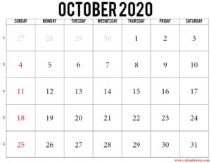 October 2020 Calendar Printable