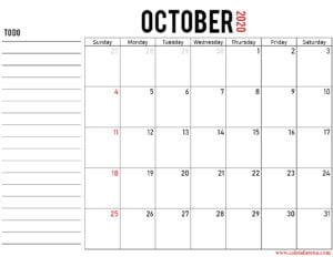 Blank October 2020 Calendar Printable