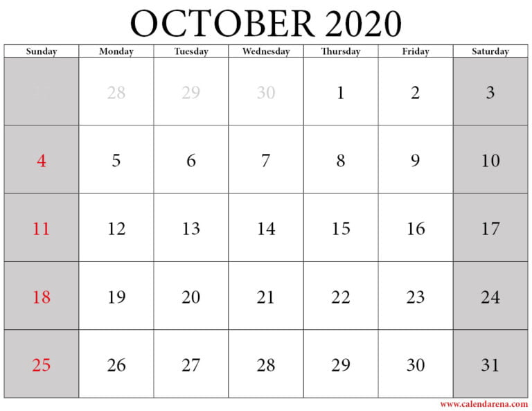 Printable October 2020 Calendar