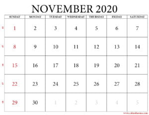 November 2020 Calendar Printable - Free