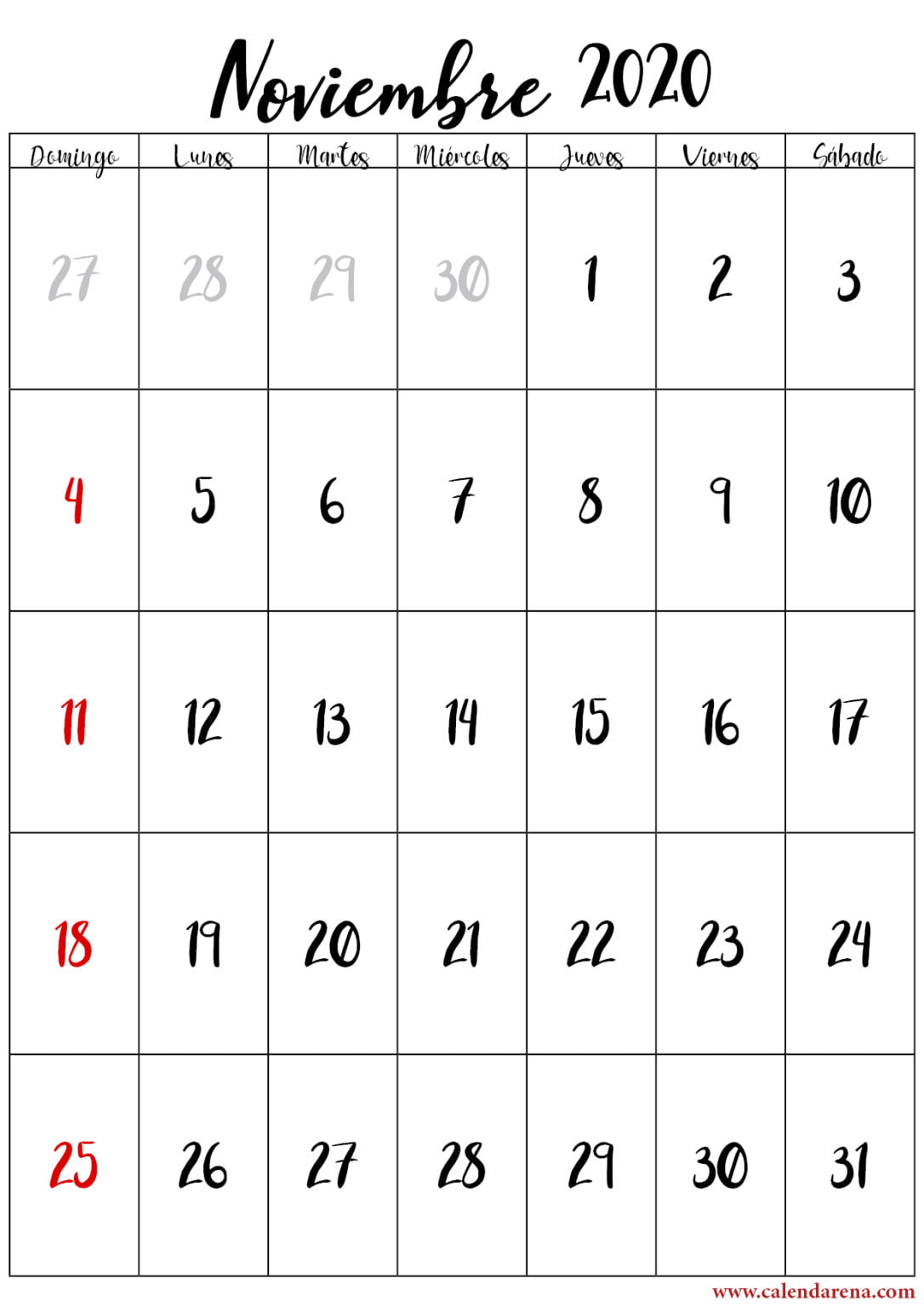 Planificador De Plantillas De Calendario De Noviembre De 2020