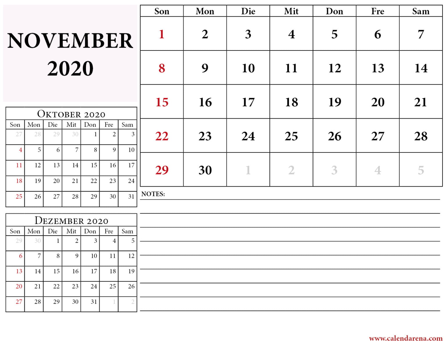 Kalender Monat November 2020