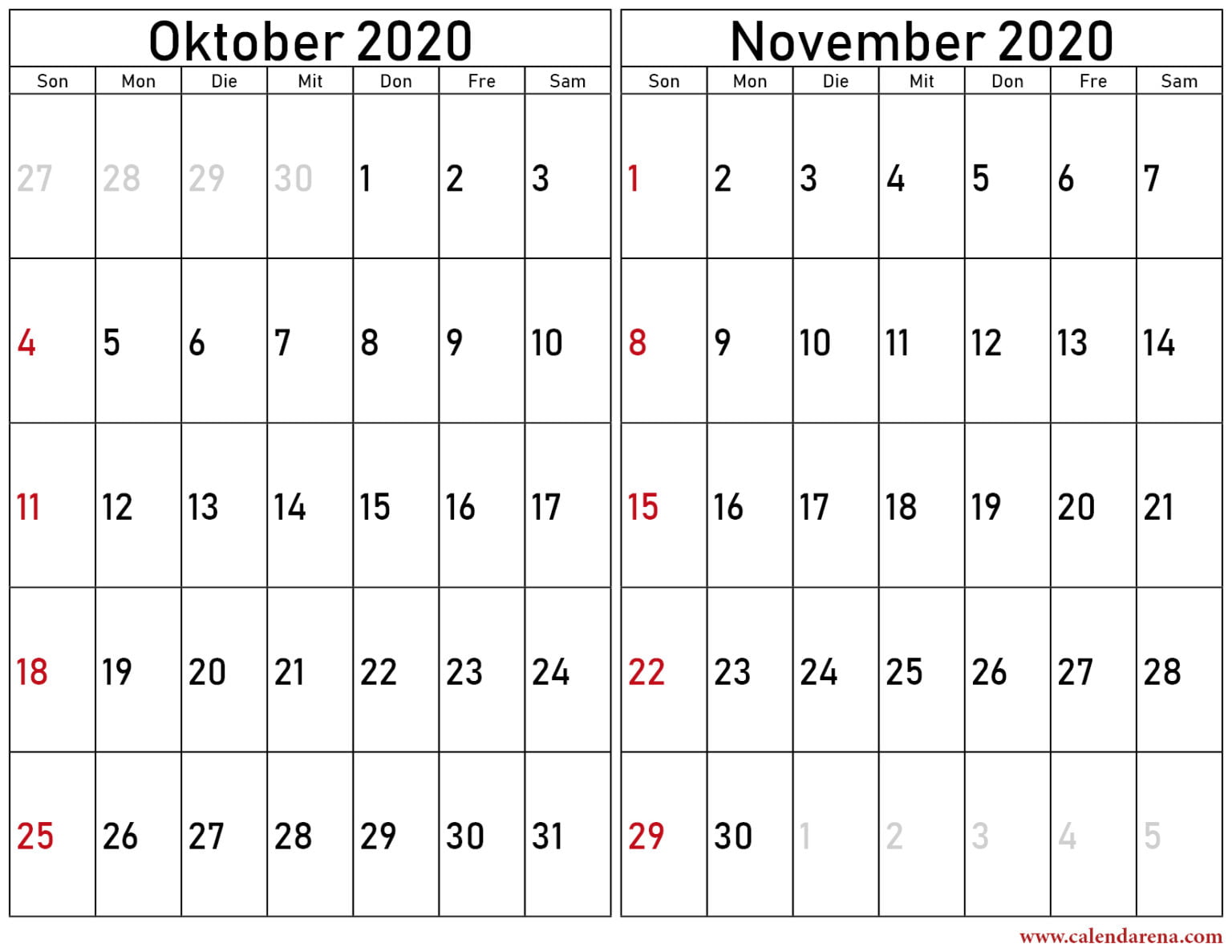 Kalender Oktober Und November 2020: Kostenloser Download