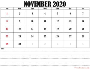 Printable November 2020 Calendar
