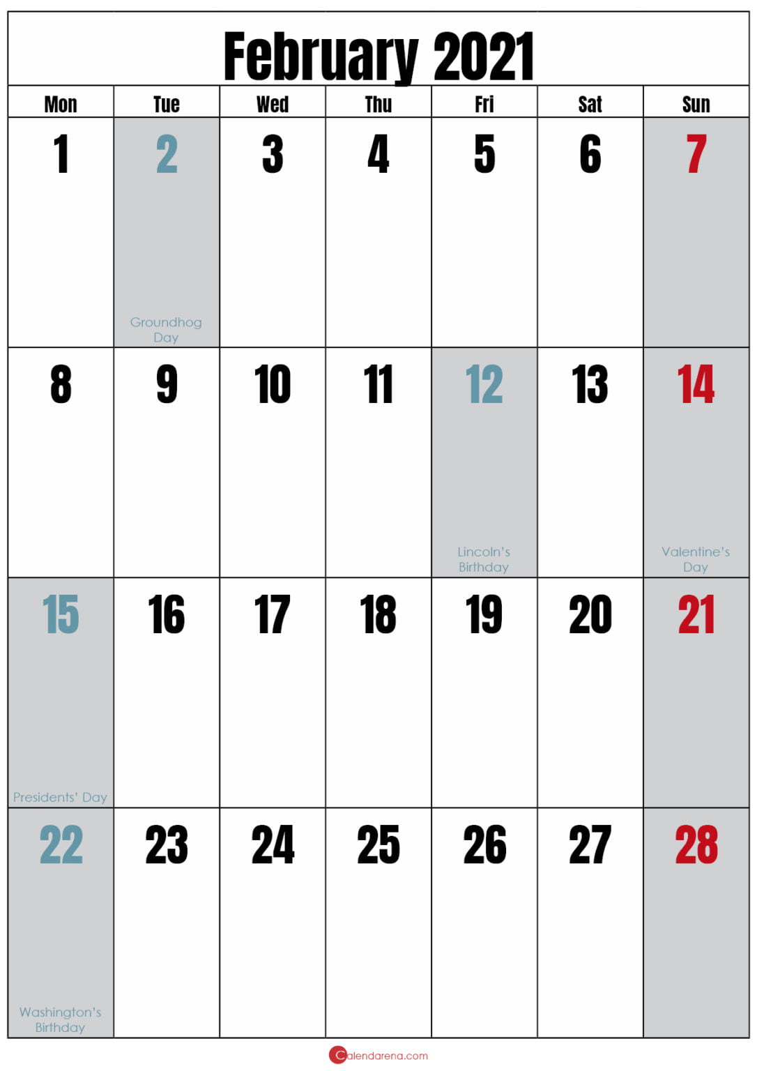 Best Free 🇺🇸 Blank February Calendar 2021