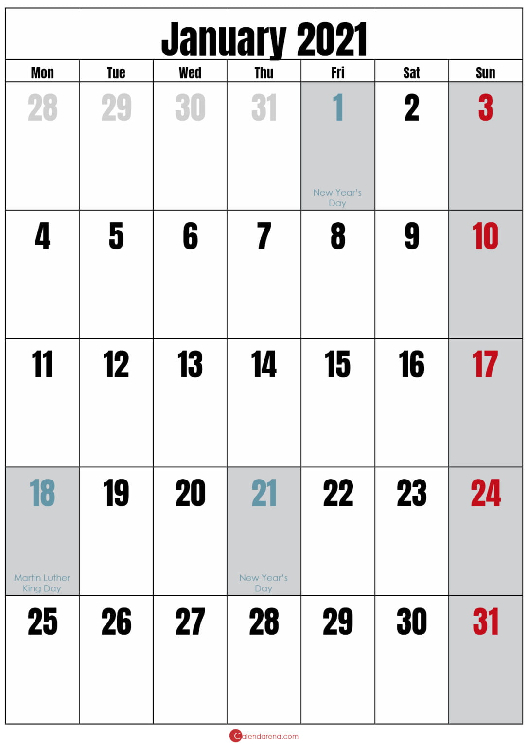 Download Blank Free 🇺🇸 January 2021 Calendar Printable Cute