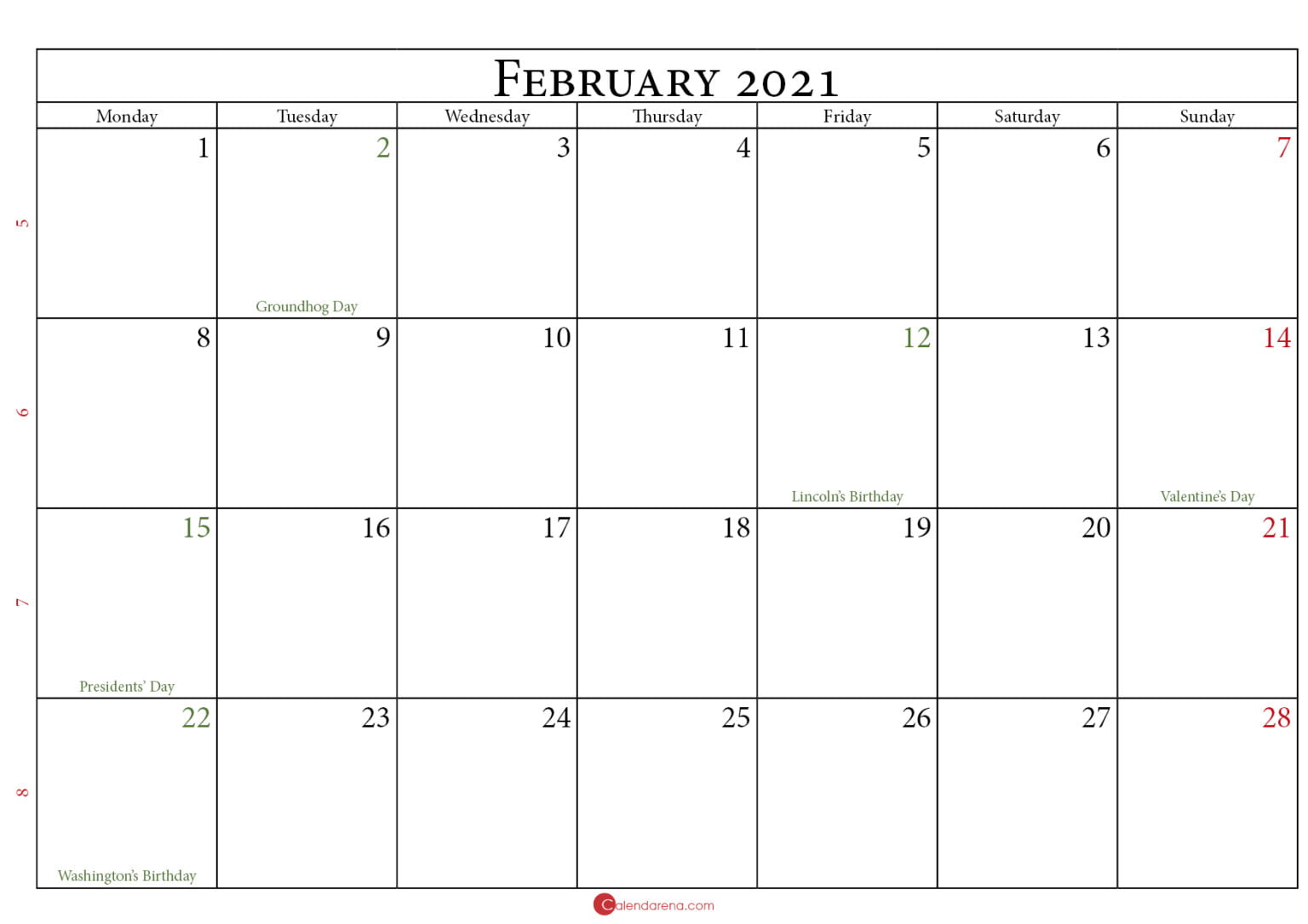 Best Free 🇺🇸 Blank February Calendar 2021