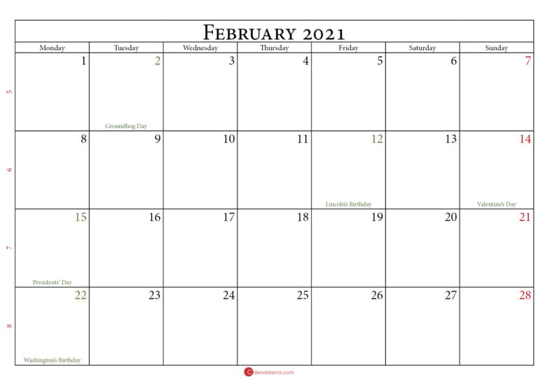 Best Free 🇺🇸 Blank February Calendar 2021