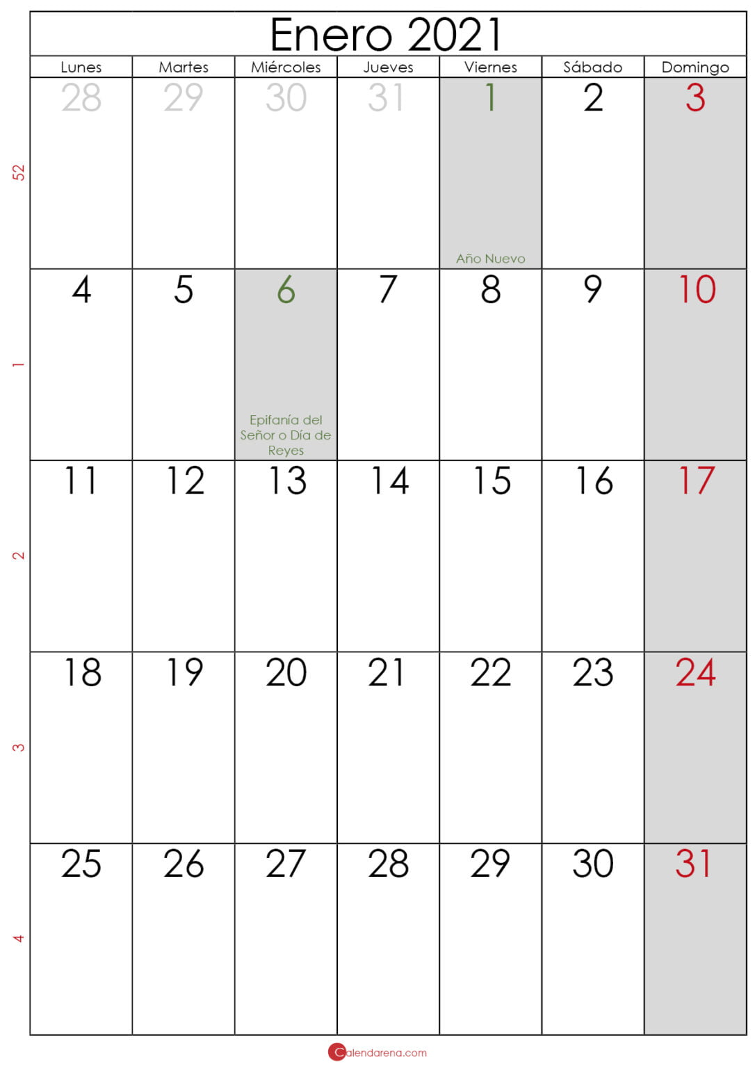 Calendario Enero 2021 España 🇪🇸 Para Imprimir