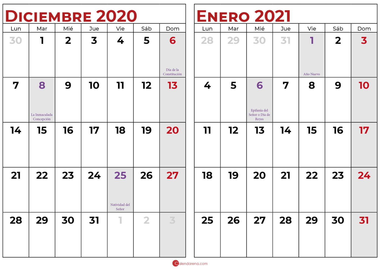 Calendario Diciembre 2020 Enero 2021