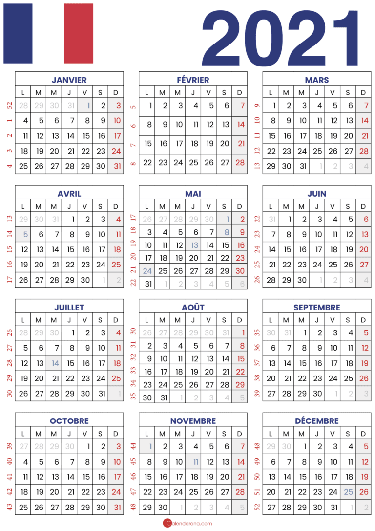 Calendrier 2021 à imprimer Gratuitement 🇫🇷 – Calendarena