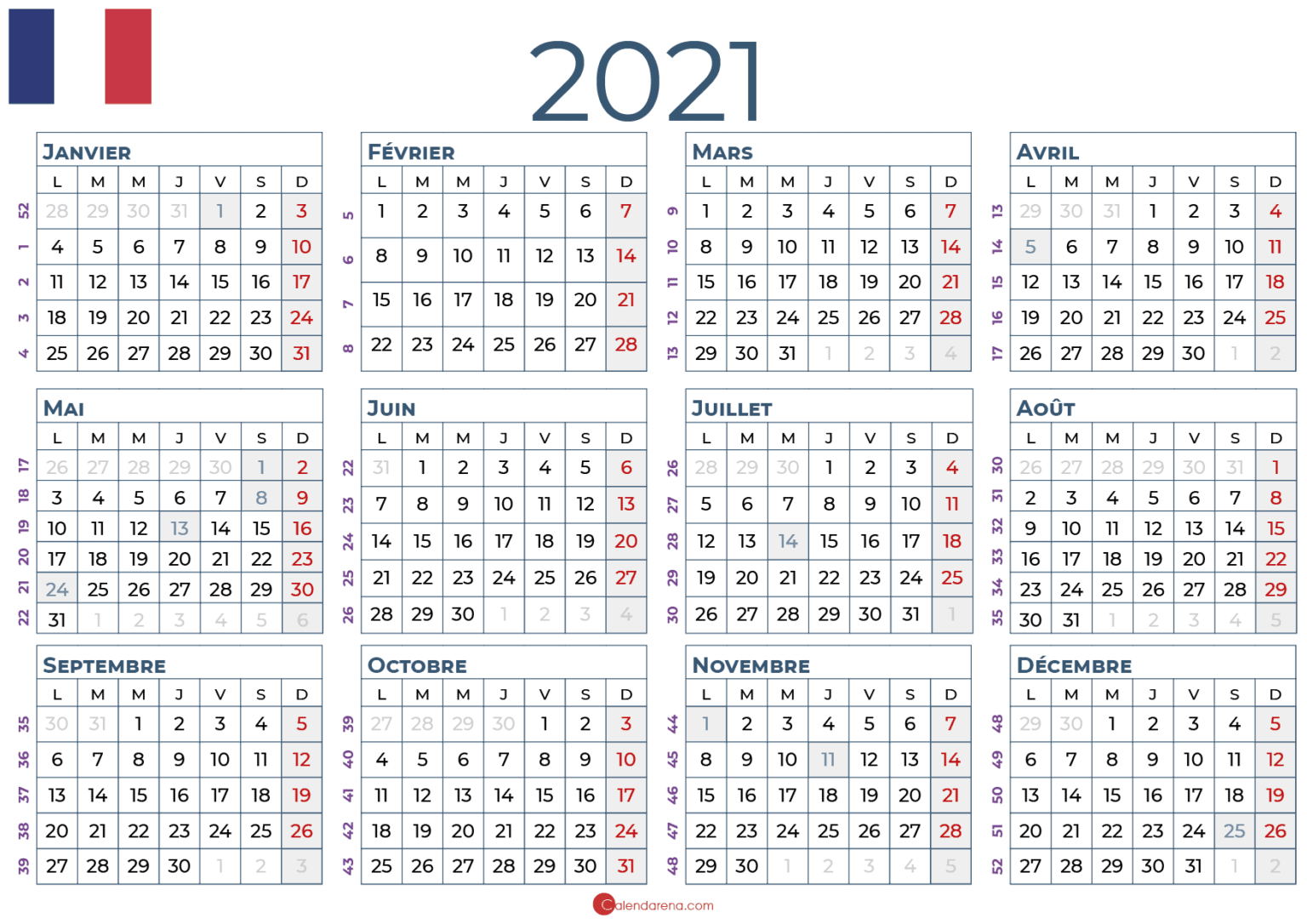 Calendrier 2021 à Imprimer Gratuitement 🇫🇷